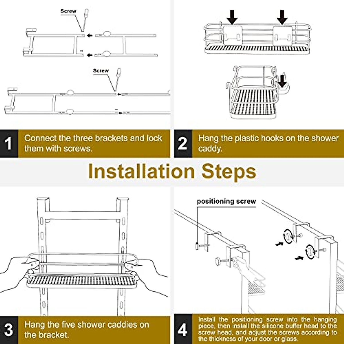 Vetacsion 44.37 inch Height 5 Tier Adjustable Over door Shower Shelf,Hanging Bath Oragnizer with 4 Hook,4 Suction,Metal Black