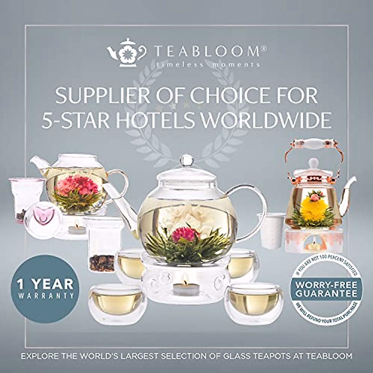 Teabloom Double-Wall Heatproof Glass Mug with Stainless Steel Infuser and White Lid – 15 OZ / 430 ML – 2 Blooming Teas Included