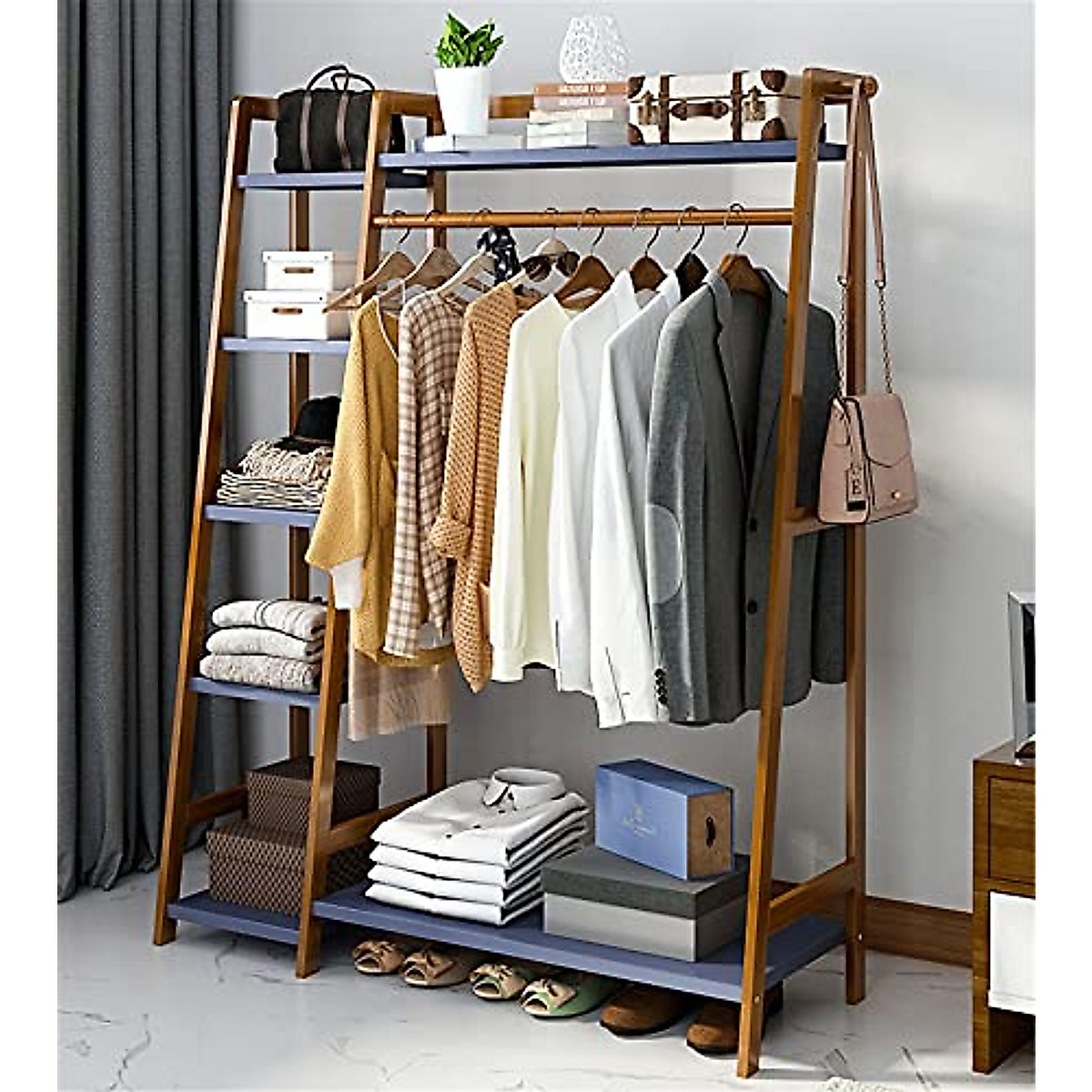 ZJDU Bamboo Clothes Hanging Rack,Portable Closet Organizer,Free Standing Closet Organizer,Heavy Duty Clothe Closet Storage with Shelves,for Bedroom Guest Room,80×40×140cm