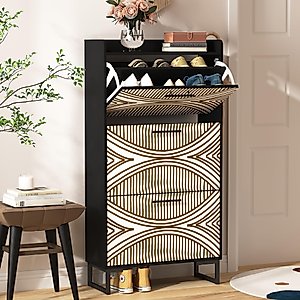 Vibe & Dine Shoe Cabinet with 3 Flip Drawers, Modern Shoe Storage Cabinet with Adjustable Shelves for Entryway Slim, FreeStanding Narrow Shoe Organizer Cabinet with Gold Metal Handle and Legs, Black