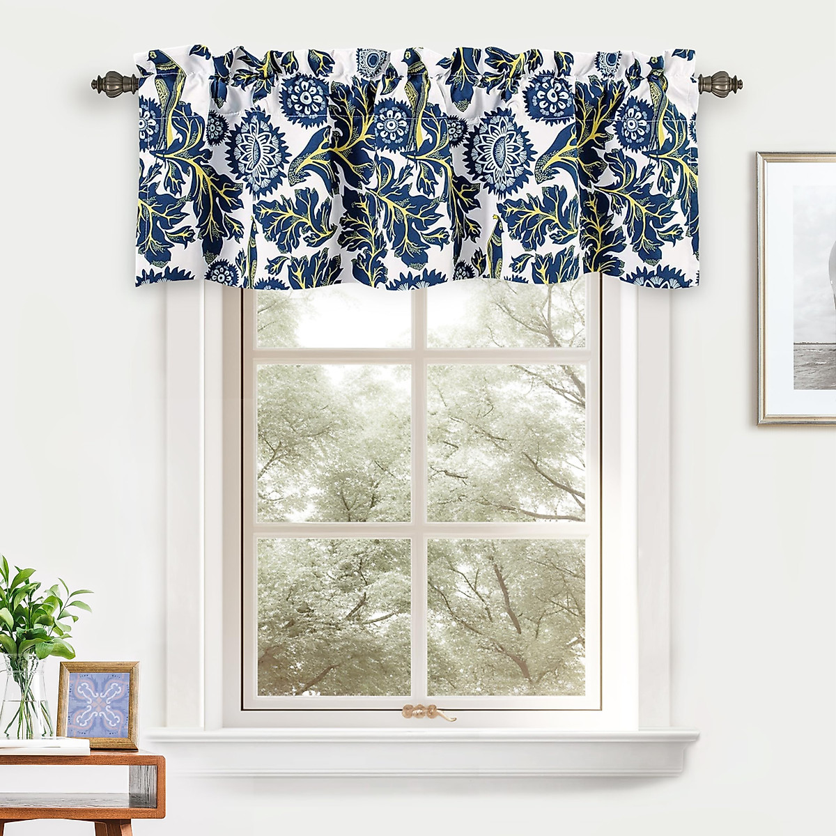 DriftAway Bird Tree Floral Flower Leaf Lined Thermal Insulated Energy Saving Window Curtain Valance for Living Room Bedroom Kitchen 2 Layer Rod Pocket 52 Inch by 14 Inch Plus 2 Inch Header Navy