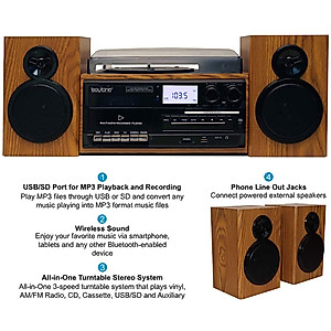 Boytone BT-28SPW Bluetooth Classic Record Player Turntable All-in-One with AM/FM Radio, CD/Cassette Player, 2 Separate Stereo Speakers, Record from Vinyl, Radio, and Cassette to MP3, SD slot, USB, AUX