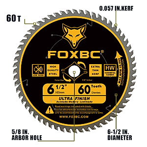 FOXBC 6-1/2 inch Circular Saw Blade Ultra Fine Finish 60-Tooth for Wood Cutting, Thin-Kerf with 5/8" Arbor