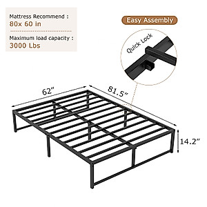 VECELO 14" High Queen Bed Frame/Metal Platform Mattress Foundation/No Box Spring Needed