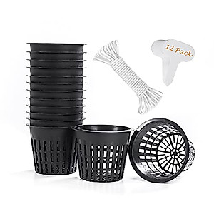 12 Pack 3 inch Net Cup Pots with 12 feet Hydroponic Self Watering Wick & 12 Plant Labels Aquaponics Mason Jar Bucket Insert Orchid kratky Vegetable Gardening Growing Netted Baskets Slotted Mesh