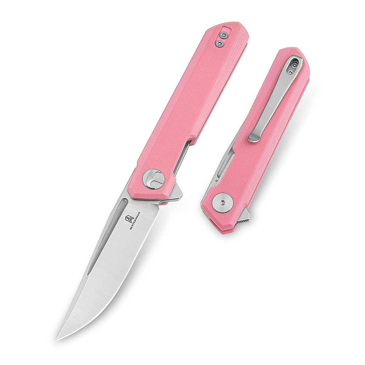BESTECHMAN Mini Dundee Pocket Folder Folding Knife: 2.92" D2 Steel Stonewash Satin Blade, G10 Scales, EDC Reversible Deep Clip, BMK03B (Pink)