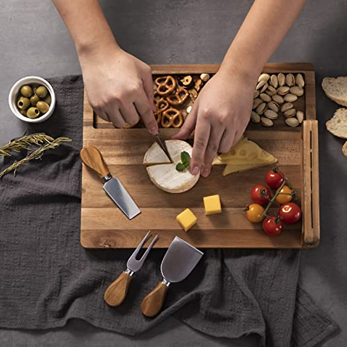 HBlife Cheese Board & Knife Set Acacia Charcuterie Board 11x14 Inch Cheese Platter with 4 Stainless Steel Knife, House Warming Gift & Perfect Choice for Christmas Thanksgiving