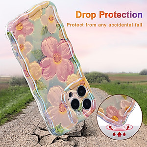 EYZUTAK Case for iPhone 14 Pro Max, Colorful Retro Oil Painting Printed Flower Laser Glossy Pattern Cute Curly Wave Edge Exquisite Stylish Durable TPU Protective Phone Cover for Girls Women-Green