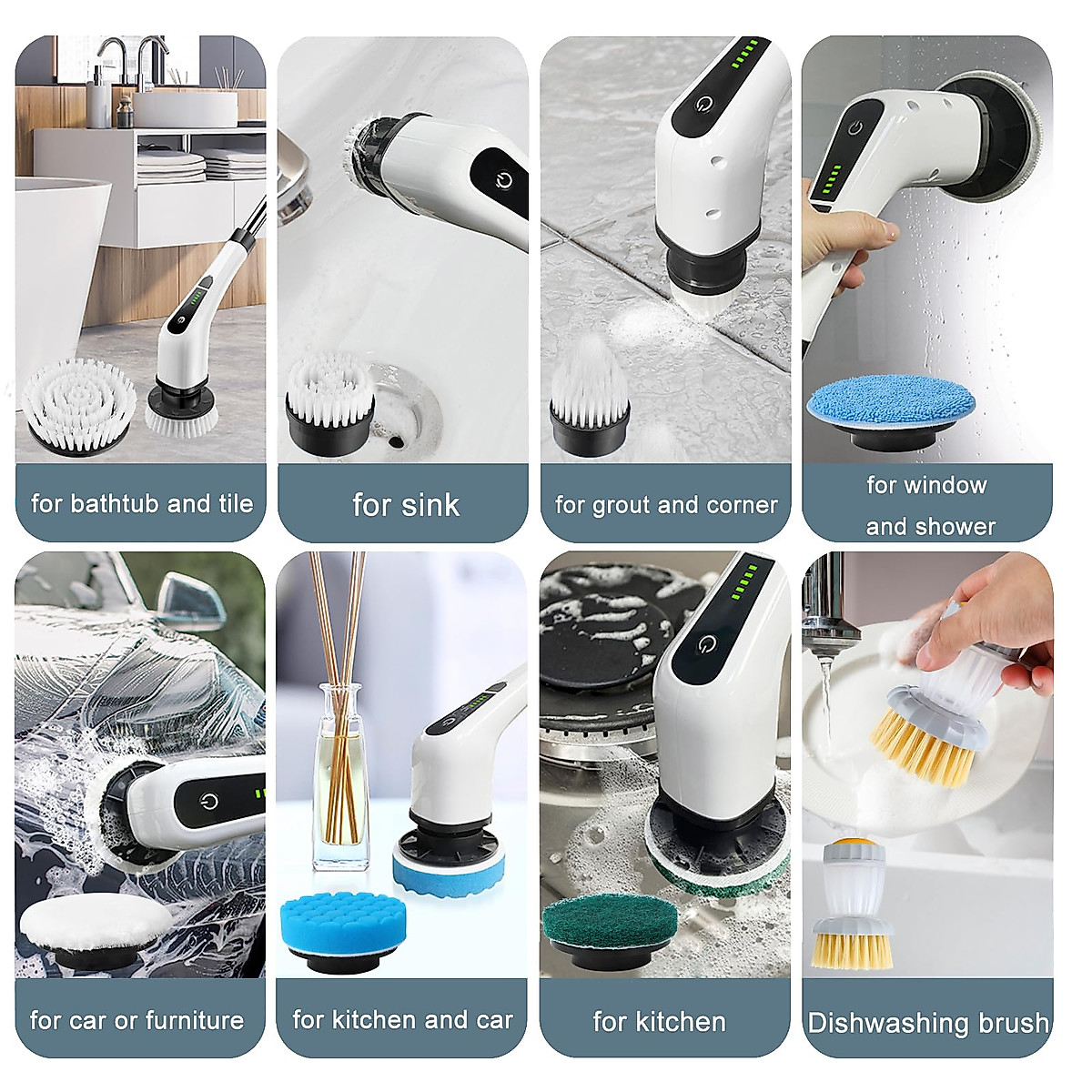 Electric Spin Scrubber, Cordless Bath Tub Power Scrubber with Long Handle & 7 Replaceable Heads, Detachable as Short Handle, Shower Cleaning Brush Household Tools for Bathroom & Tile Floor(White)