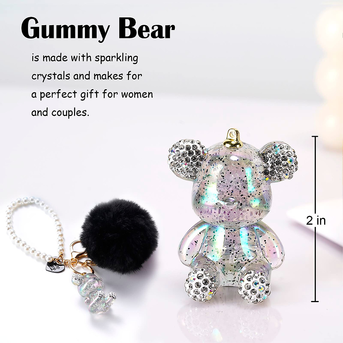 YOU WIZV Teddy Bear Keychain, Cute Bling Keychains for Women and Puff Ball key chains for Car Keys, Backpack, Purse Accessories, Aesthetic Black Pom Pom Keychain