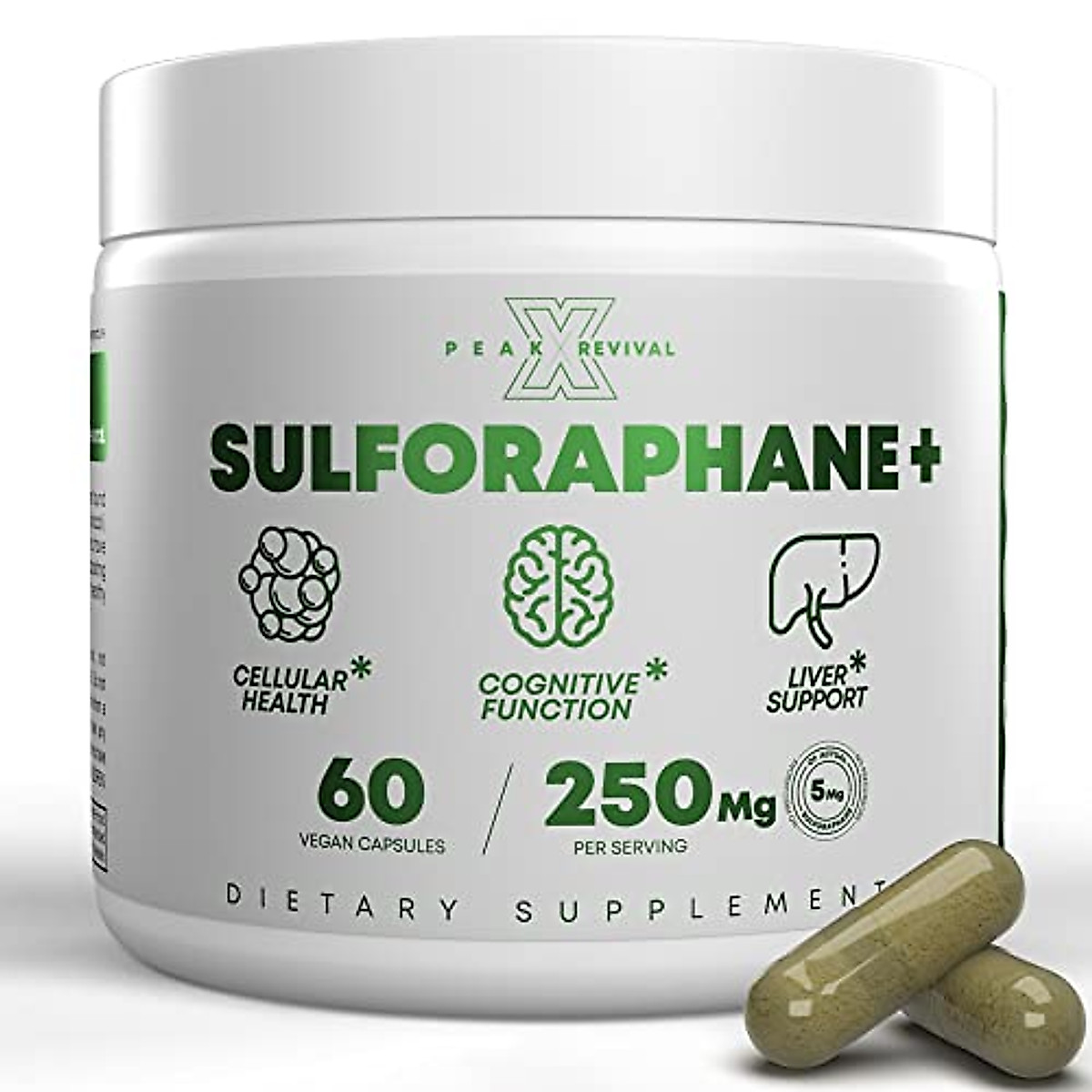 Peak Revival-X 5000mcg of Real Lab-Verified Sulforaphane Supplement - Broccoli Seed Extract 250mg Supplements - Promotes Cognitive Function, Liver & Cellular Support - 60 Vegan Capsules/Pills