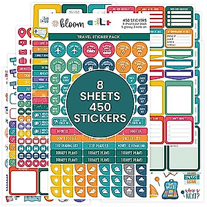 bloom daily planners Travel Planner Stickers - 8 Sheets / 450 Stickers - Adventure Variety Pack for Trip Planning, Scrapbooking, Calendar Decorating, Vacation Journaling - Colorful Icons & Quotes