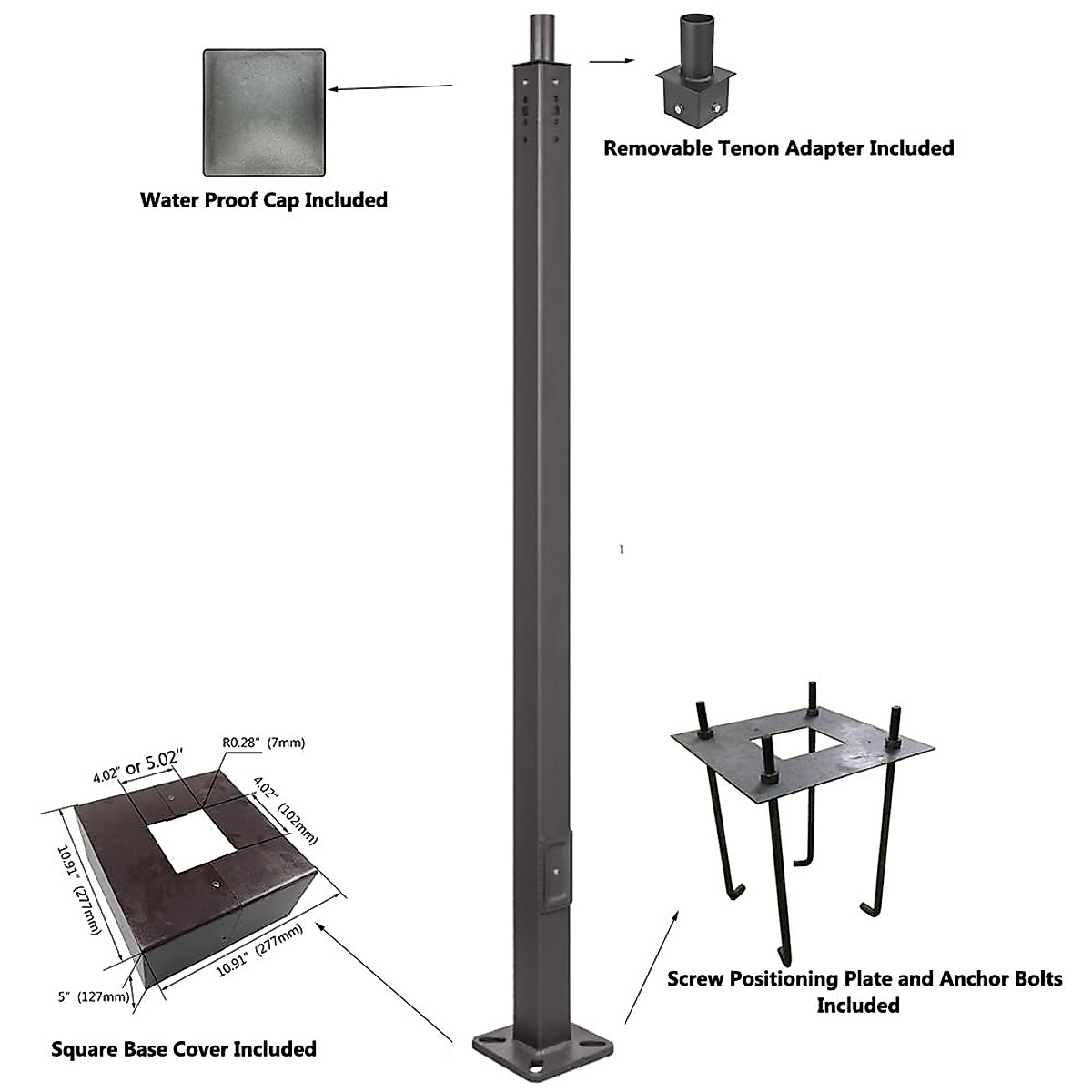 CHIUER 15FT 4'' Straight Square Steel Light Pole with Removable Round Top Adapter and All Accessaries Including Anchor Bolts Top Cover Bronze Fnish (15FT - 4'')