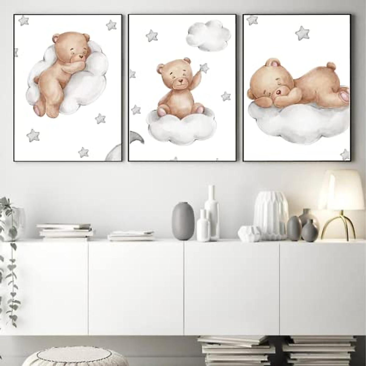 Tedy Bear Wall Decor, Tedy Bear Sleeping on The Moon and Stars Wall Stickers Cartoon Cute Tedy Bear Decals Extra Stars Wall Decor for Kids Baby Room Interior Nursery Tedy Bear Decoration
