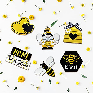 Guoofu Bee Tiered Tray Decor, 6 Pieces Spring Summer Farmhouse Tiered Tray Decorations, Decorative Bumble Bee Gnome Hive Honey Wooden Signs, Rustic Home Decor for Table Mantel Office Holiday Party