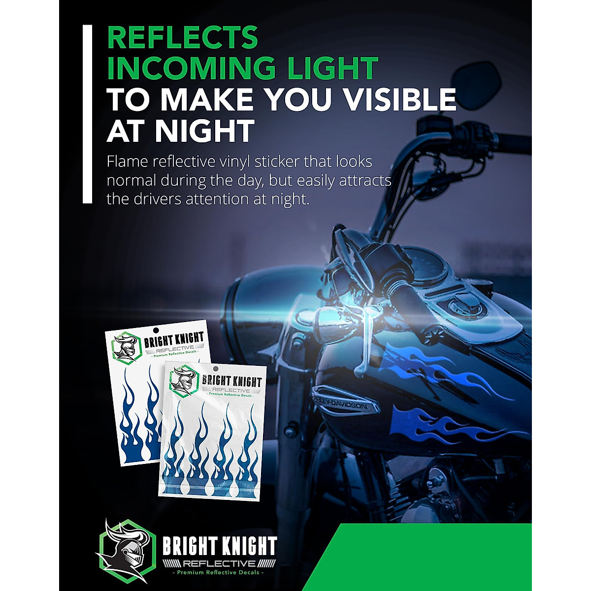 Bright Knight Reflective Flame Stickers, 4 Pcs Blue Reflective Car Sticker Decal with 3M Retro-Reflective Vinyl, Self-Adhesive Outdoor Waterproof Safety Flame Decals for Trucks, Cars, and Helmets