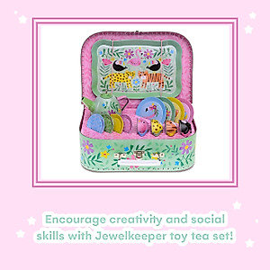 Jewelkeeper Tea Set for Little Girls - 15 Piece Sets Kids Tin Tea Party with Cups, Saucers, Plates & Serving Trays-Toddler Princess Tea Time Pretend Play-Safari Design Picnic Toy -Girls Birthday Gift
