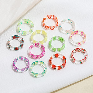 4-12 Pcs Resin Fruit Rings Set Colorful Transparent Plastic Fruit Rings Strawberry Kiwi Lemon Apple Grape Pitaya Grapefruit Orange Watermelon Cute Knuckle Stackable Fruit Rings for Women Teen Girls,