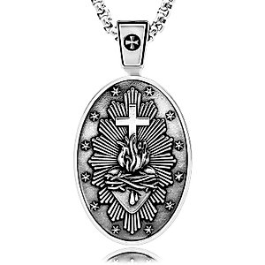 VENICEBEE® Cross Jesus Christ Sacred Heart Medal Divine Love Flame Devotional Christian Amulet Unique Solid 925 Sterling Silver Pendant Necklace + Velvet Pouch, Polishing Cloth, Fine Gift Box