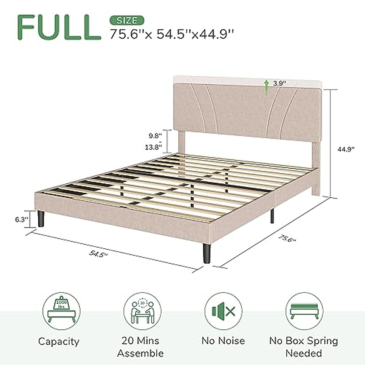 Novilla Full Size Platform Bed Frame with Upholstered Headboard and Strong Wooden Slats Support, Mattress Foundation, Noise Free, No Box Spring Needed, Easy Assembly, Beige