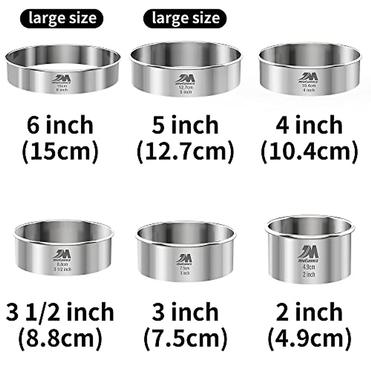 M JNGMEI 6 Pieces Stainless Steel Cookie Biscuit Cutter Set 2'', 3'',3.5'', 4'',5''and6'' Biscuit Plain Edge Round Cutters large Sizes Shape Molds Ranging from 2-6 Inches Multiple Sizes