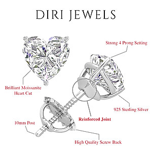 Moissanite Stud Earrings, 0.5ct-2ct D Color VVS1 Clarity Heart Cut Lab Grown Diamond Moissanite 14K White Gold Plated 925 Sterling Silver Moissanite Earrings For Women