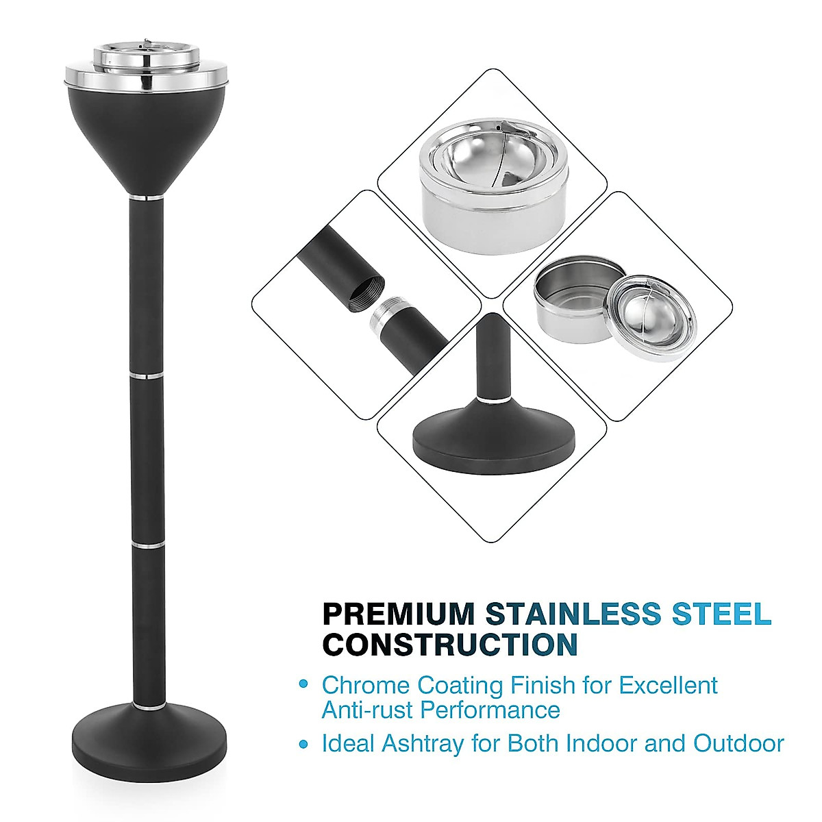 IRONWALLS Floor Cigar Ashtrays Stand, Matte Black Stainless Steel Windproof Ashtray with Lid for Home Garden Patio Cigarette Butt Receptacle, 3-Section Ash Tray with 31”, 24”, 16” Adjustable Height