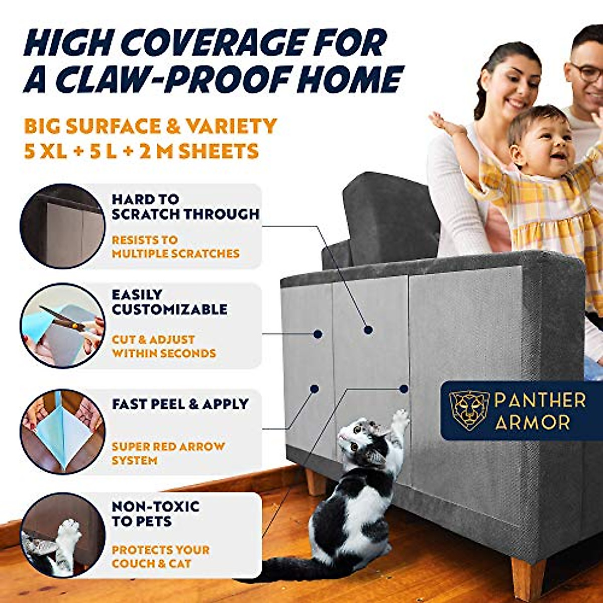 Panther Armor Cat Scratch Deterrent Tape – 12 Double Sided Anti Scratching Sticky Tape - Cat Furniture Protector – Cat Training Tape Corner Couch Protector for Cats - Cat Scratch Furniture Protector