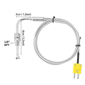 EGT K type Thermocouple 1/8 NPT Thread Thermocouple Temperature Sensor K Type Thermocouple Probe with Exposed Tip and Connector 1M
