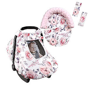 Car Seat Covers for Babies, Car Seat Headrest & Strap Cover, Winter Carseat Cover Girls, Pink Floral