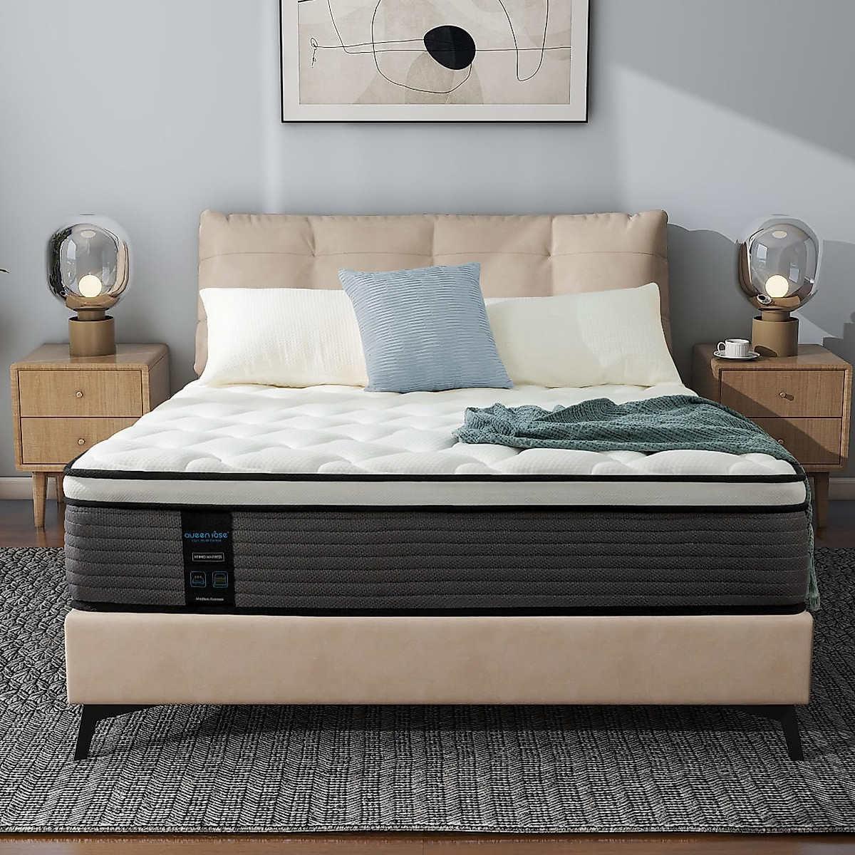 QUEEN ROSE Queen Size Mattress, 12 Inch Pillow Top Hybrid Mattress in a Box, Gel Memory Foam & Individually Pocket Innerspring Bed, Medium Firm CertiPUR-US Certified & Fiberglass Free