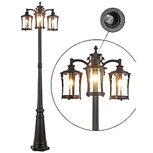 CMRCOZIRA Dusk to Dawn Sensor Post Light Triple-Head Lamp Post Waterproof Street Light Outdoor Lamp Post Lights with Clear Glass Aluminum Post Street Lamp Modern Outdoor Street Light for Garden
