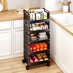 5 Tier Rolling Cart, Stackable Metal Kitchen Storage Cart with Wheels, Black
