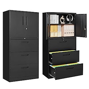 PEUKC 3-Drawer Metal File Cabinet, Lateral Vertical Filing Cabinets for Home Office, Locking File Cabinet with Storage Shelves, Legal/Letter/A4 Size Office File Cabinet,(Black, Assemble Required)