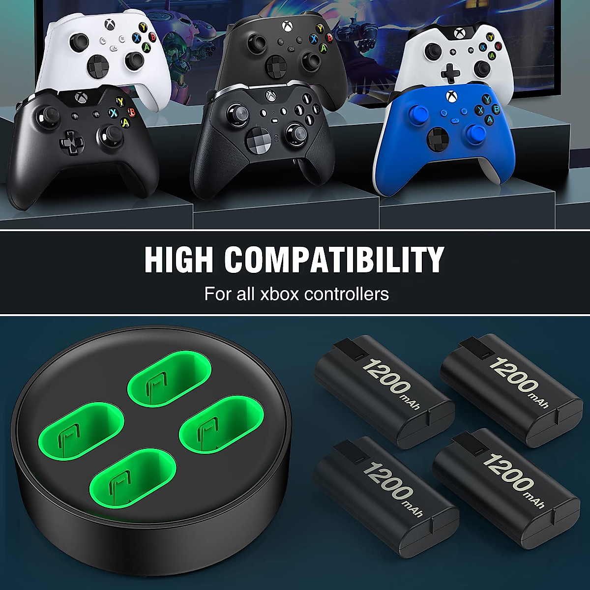 Charger for Xbox One Rechargeable Battery Pack, Charger Station for Xbox One Controller Battery Pack, Xbox One Accessories with 4×1200mAh Xbox Battery Pack for Xbox Series X|S/Xbox One S/X/Elite