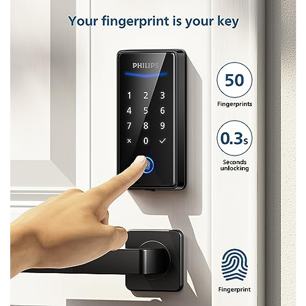 Philips Keyless Entry Door Lock with Keypad - Smart Deadbolt Lock for Front Door, Auto Lock, One-time PIN Code, Fingerprint Door Lock - Matte Black