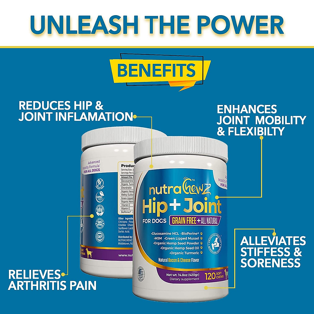 NUTRACHEWZ Grain Free Hip & Joint Supplement for Dogs with Organic Hemp Oil, Glucosamine Chondroitin, Turmeric, MSM, Green Lipped Mussel for Arthritis, Pain Relief, Mobility All Natural - 120 Chews