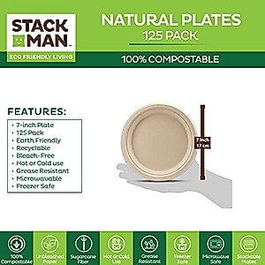 Paper Plates, 100% Compostable Heavy Duty, Disposable 7 Inch, Small Dessert Plate - [125-Pack] - {PFAS-Free} - {BPI Certified} Eco-Friendly, Biodegradable Bagasse Natural Brown 7" Small Plates
