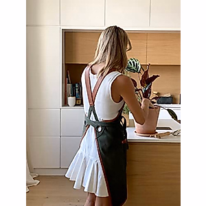 Garden Apron for Women Men, Gardening Apron with Pockets and Adjustable Leather Straps, Canvas Waist Kitchen Apron for Harvesting Weeding Gardening Cooking Baking, Gardener Gift Idea