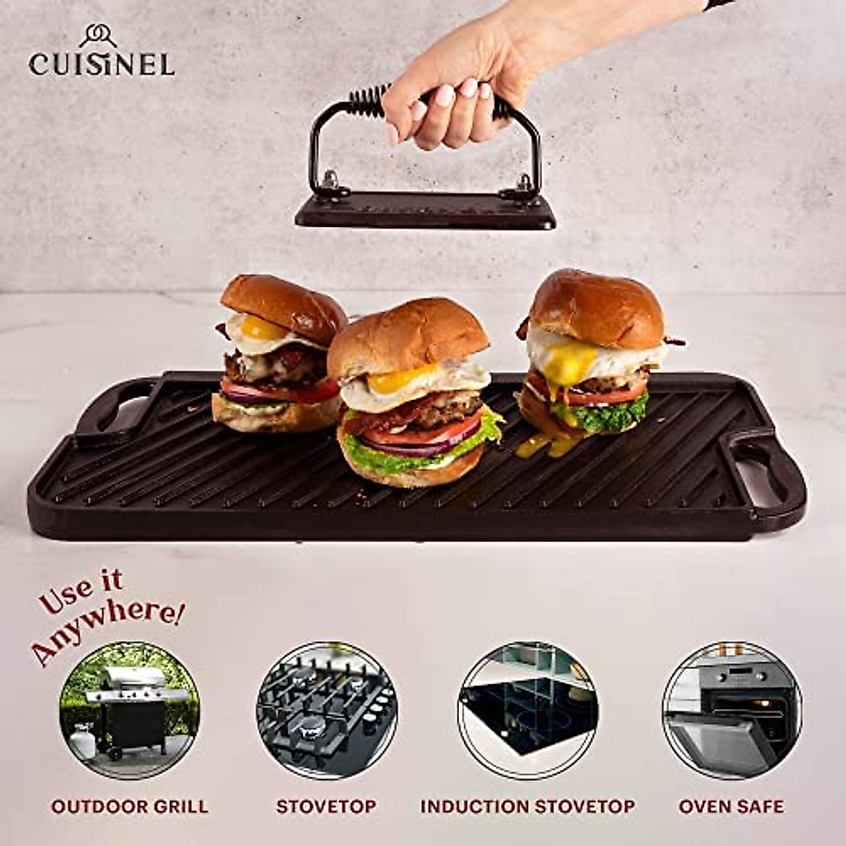 Cast Iron Griddle / Grill + Burger Press + Pan Scrapers - Reversible Pre-Seasoned 20" X 10"-inch Dual Handle Flat Skillet and Griller Pan + Cleaning Accessories - Indoor/Outdoor - UPDATED VERSION