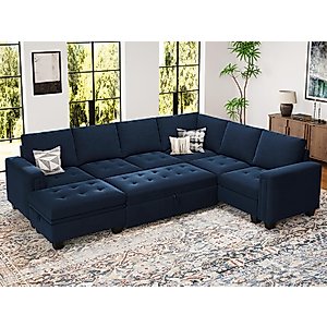 Belffin Modular Sectional Sleeper Sofa with Pull Out Bed U Shaped Sectional Sofa Couch with Storage Ottoman Velvet Covertible 7-Seater Sofa for Living Room Blue