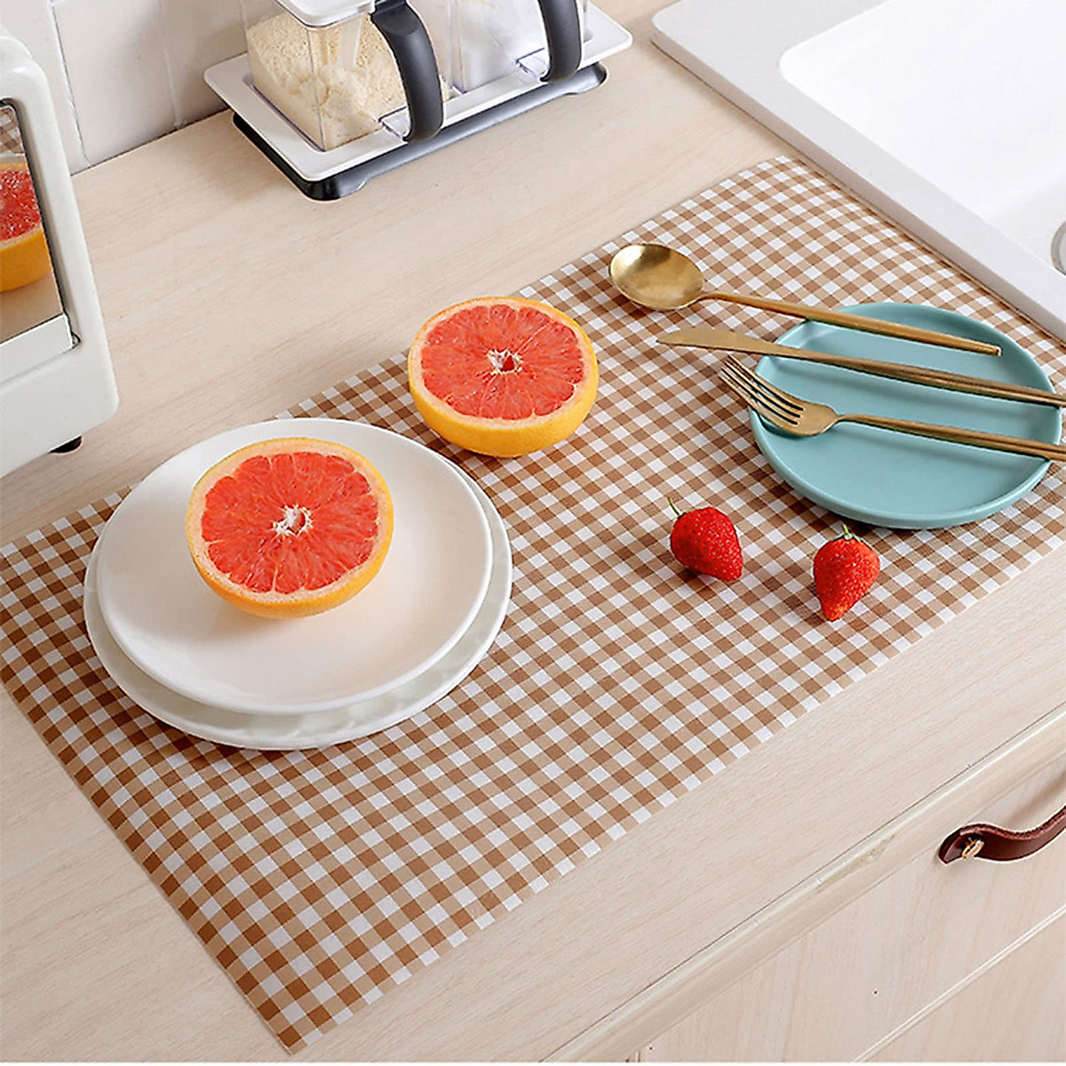 Drawer Liner, 3 Rolls 11.8in x 29.4ft Shelf Liner Cabinet Liner, Waterproof Greaseproof PE Plaid Kitchen Cabinet Liners for Shelves, Non Adhesive Shelf Liners Cut to Fit