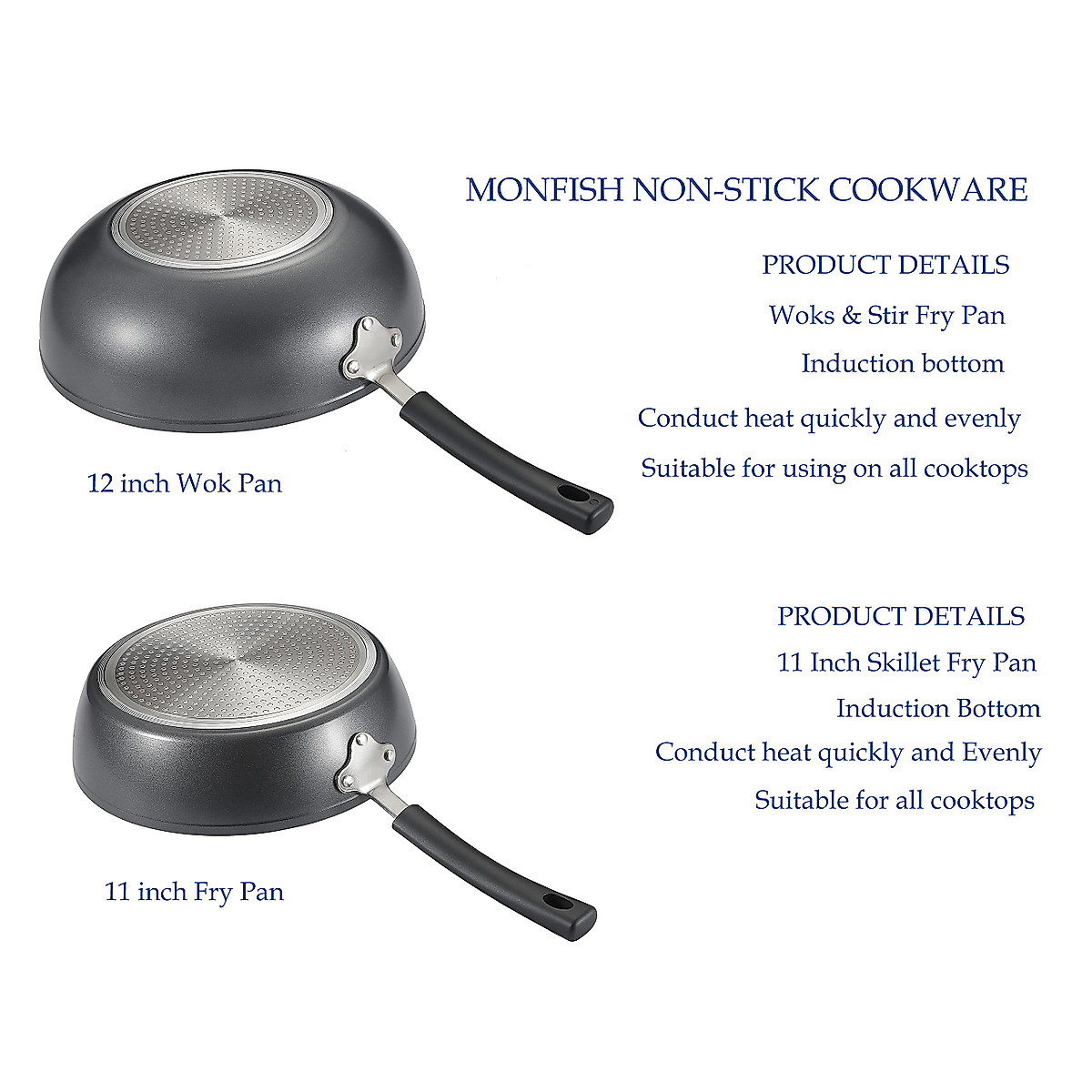 Monfish Deep Frying & Wok Pan Set 12 inch wok & stir fry pan w lid,11 inch skillet frying pan w lid Non Stick Granite Stone Finish Mother Day