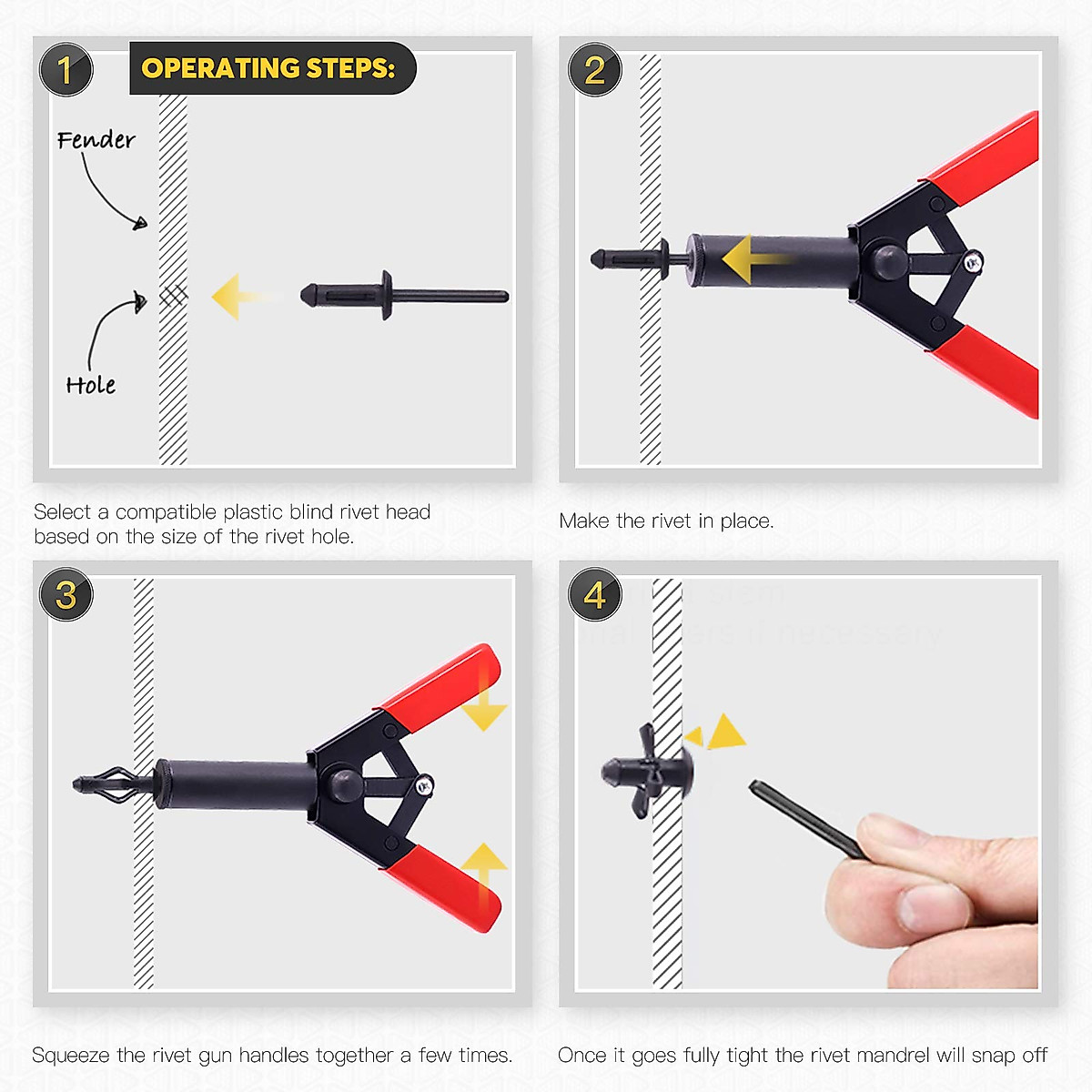 Mardatt 42Pcs Plastic Rivet Gun Set w 40Pcs 4Sizes Nylon Blind Rivets and 1Pcs Bonus Fastener Removal Tool, Hand Riveter Suitable for Automotive and More