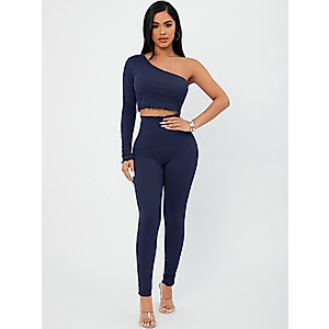 WDIRARA Women's 2 Piece Outfit One Shoulder Lettuce Trim Crop Top and Leggings Set Navy Blue M