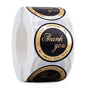 Mercei Thank You Stickers with Black Background and Wide Matte Gold-foil Ring; 4 Elegant Handwriting Font Designs; 500 pcs Classic Round Adhesive Labels per Roll; Wide for Personal and Business Use