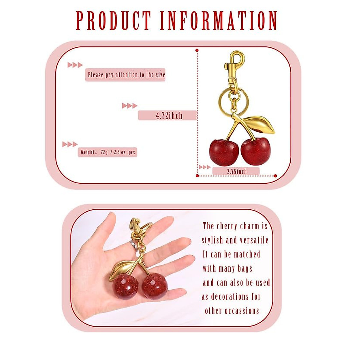 Lulupia Glitter Cherry Bag Charm,Cherry Keychain Charms Accessory for Purses Bags Handbags