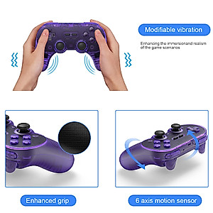 AKNES 8BitDo Pro 2 Bluetooth Wireless Controller for Switch/Switch OLED with Joycon Thumb Grip Caps - Gamepads for Steam Deck, MacOS, iOS, PC, Android & Raspberry Pi (Clear/Transparent Purple)