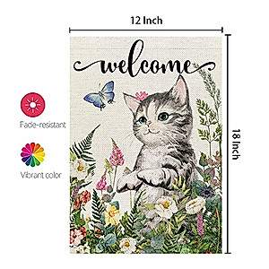 CROWNED BEAUTY Spring Cat Garden Flag Floral 12x18 Inch Double Sided for Outside Welcome Burlap Small Yard Holiday Decoration CF754-12