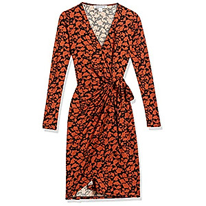 Amazon Essentials Women's Long Sleeve Classic Wrap Dress (Available in Plus Size), Brown Floral Print, Large